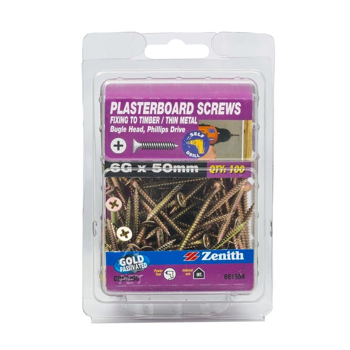 Zenith 6G x 50mm Gold Passivated Bugle Head Plasterboard Screws - 100 ...