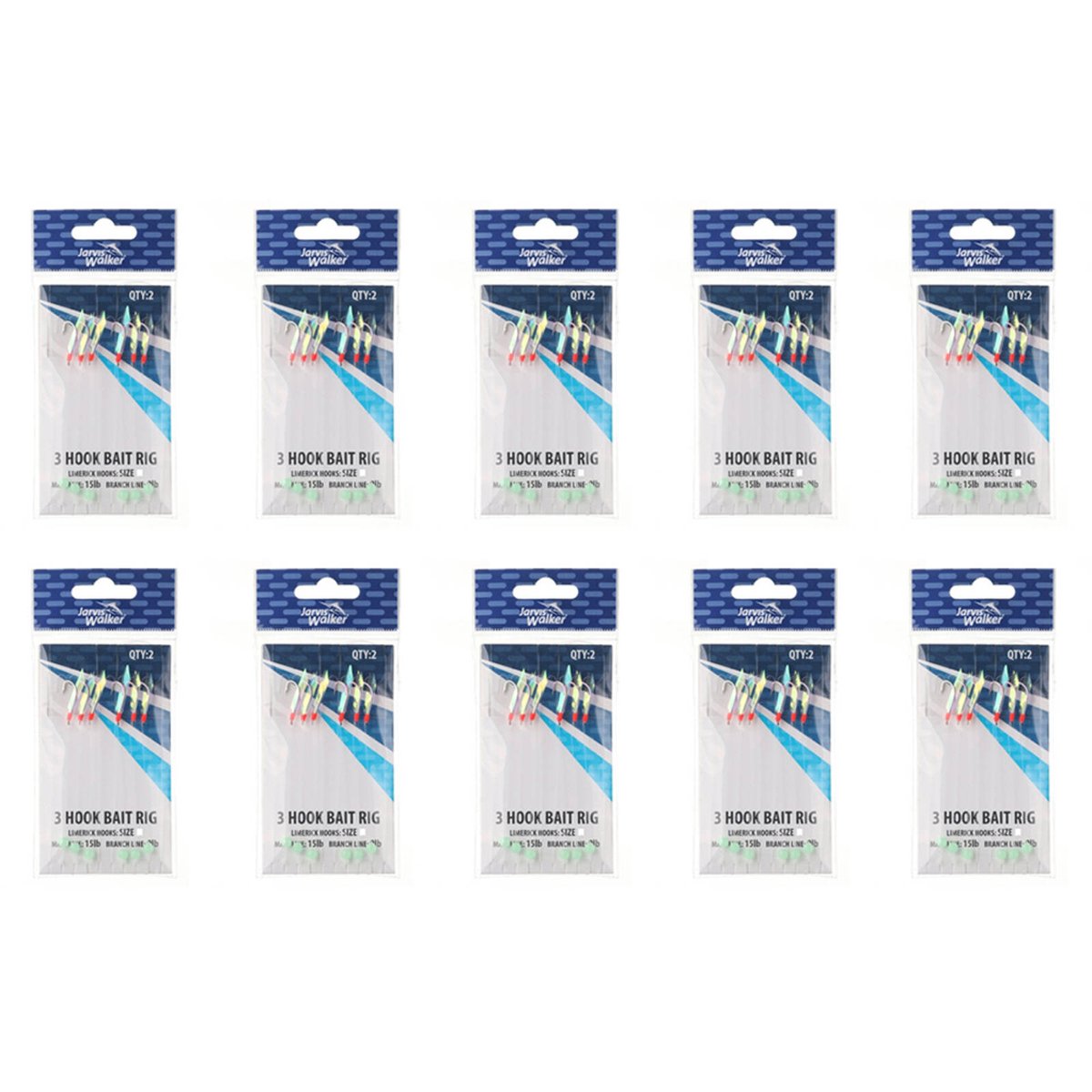 10x 2PK Jarvis Walker 3 Hook Bait Rigs 12lb Main Line & 9lb Branch Line ...