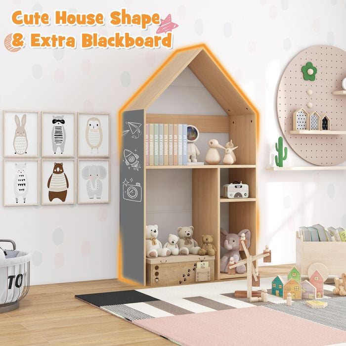 Costway 2-in-1 Kids House-shaped Table and Chair Set Children Bookshelf ...