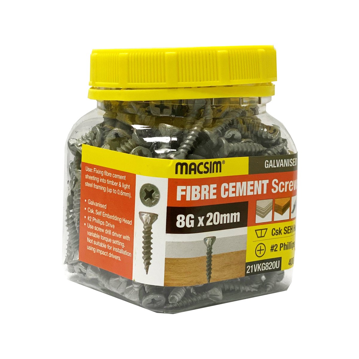 Macsim 8G x 20mm Fibre Cement Screws Galvanised - Jar 400 - Bunnings ...