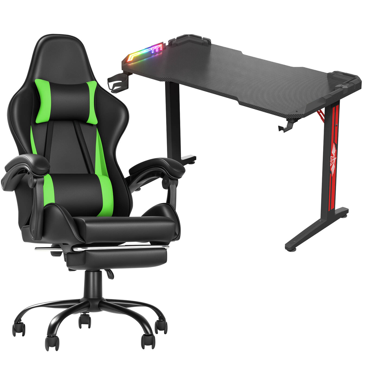 Advwin 120cm Black Gaming Desk RGB LED Light & Gaming Chair with ...