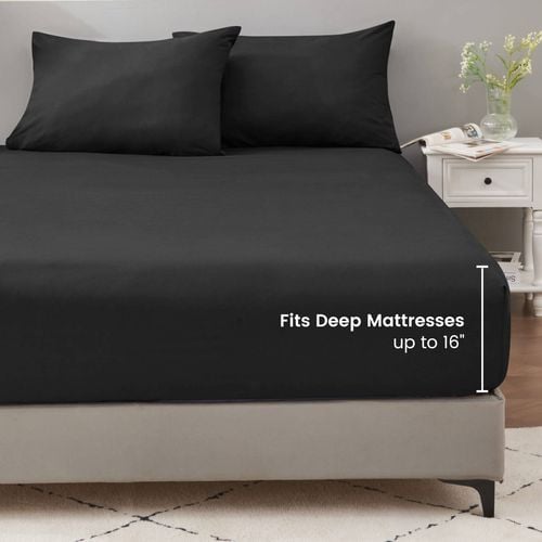 LINENOVA 100% Pure Cotton Deep Fitted Sheet Cover - Double, Black ...
