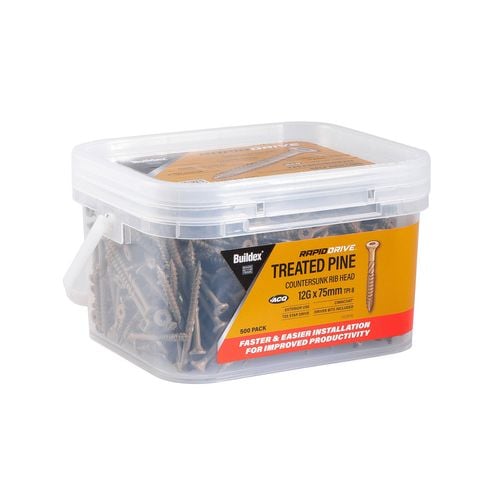 Buildex RapidDrive Treated Pine Screws 12G x 75mm Climacoat - 500 Pack ...