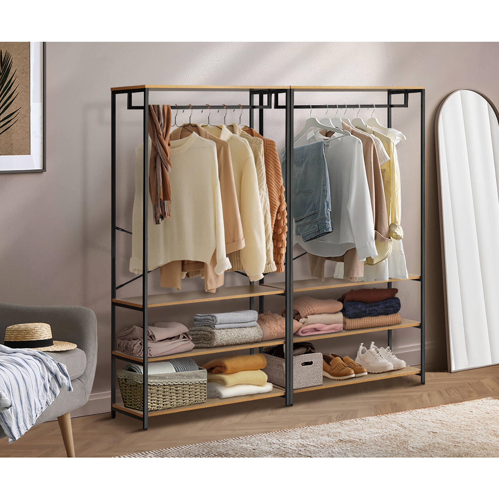 Oikiture Clothes Rack Open Wardrobe Coat Hanging Rail Metal 4 shelves Bunnings Australia