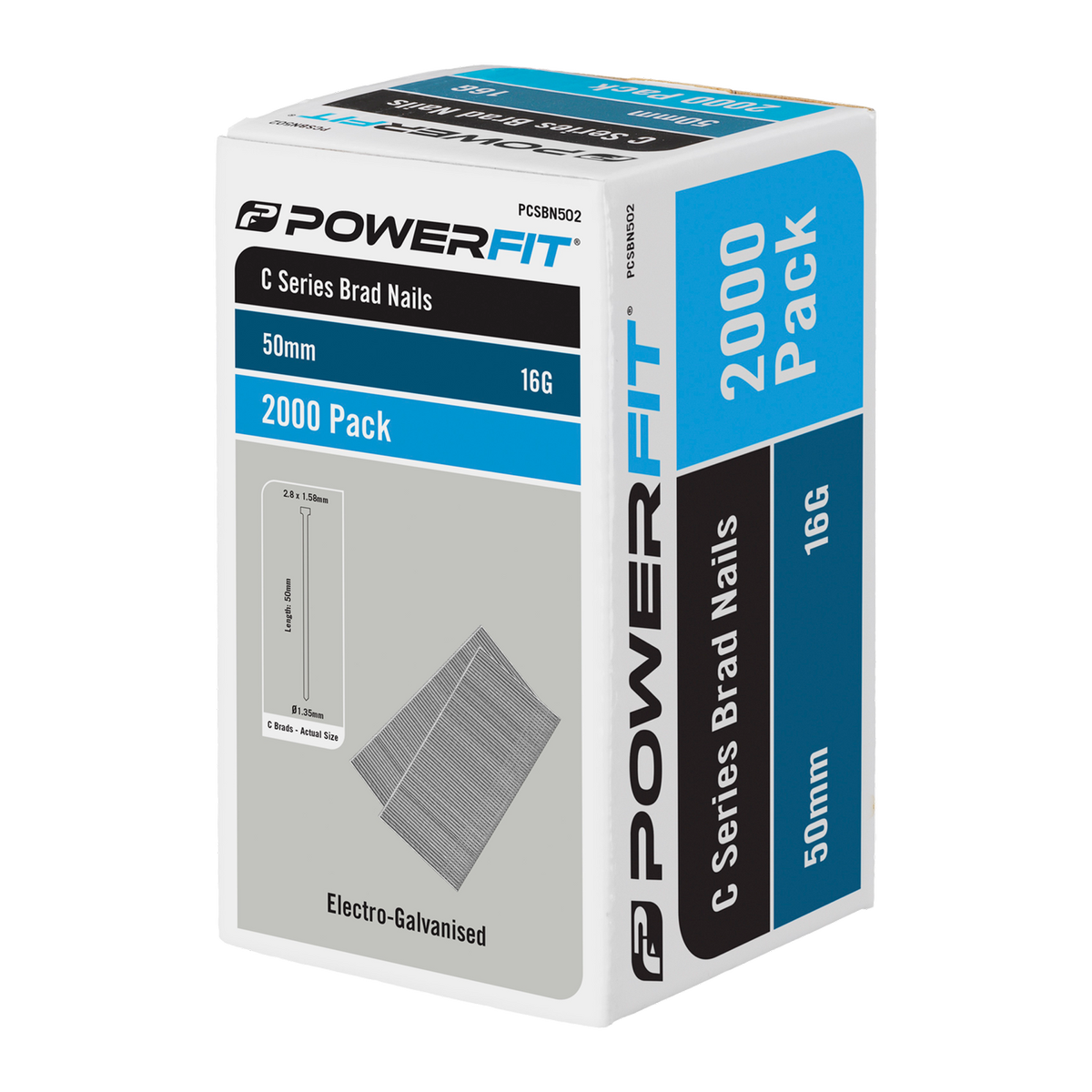 PowerFit 50mm C Series Electro-Galvanised Brad Nails - 2000 Pack ...