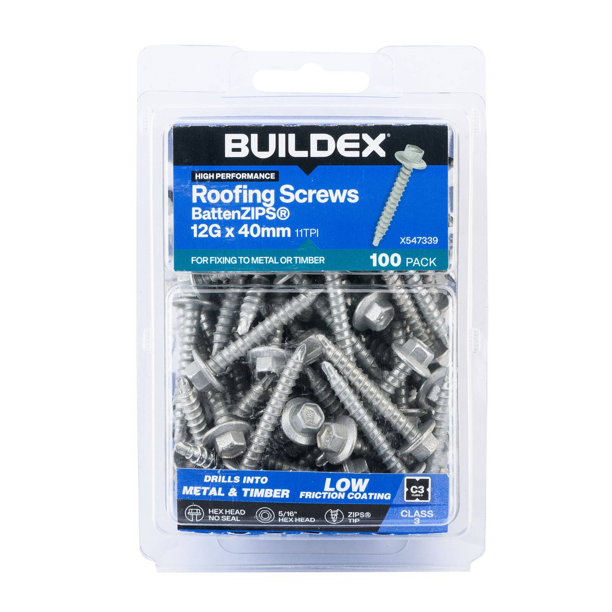 Buildex 12G x 40mm Class 3 Roofing Screws BattenZIPS - 100 Pack ...