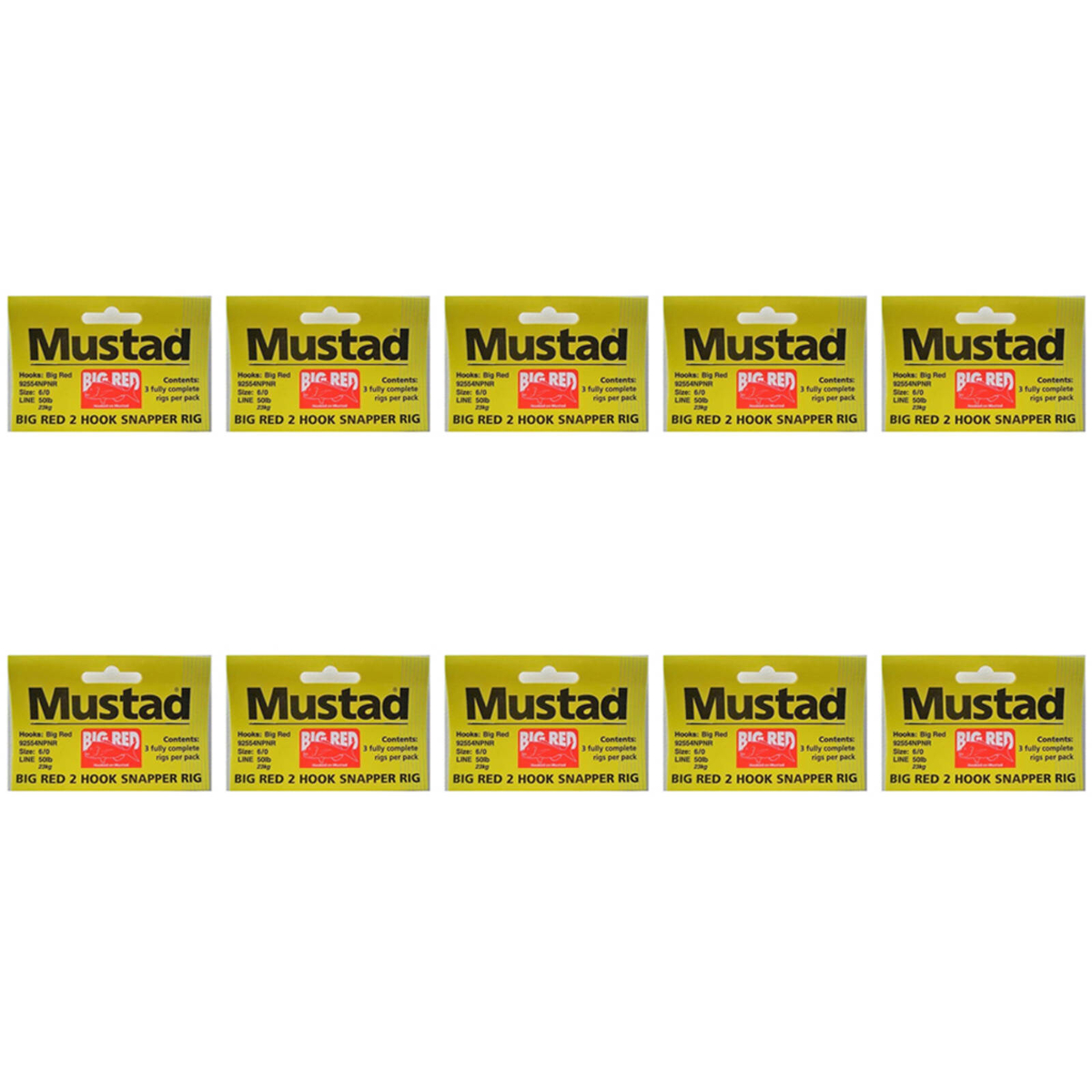 10x Mustad Big Red Snapper Chemically Sharpened X 3 Rig 2 Hook Set Up ...