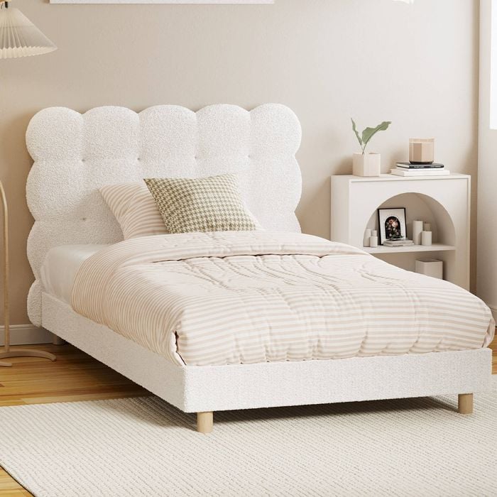 Oikiture Bed Frame King Single Tufted Bedhead Boucle Fabric White ...