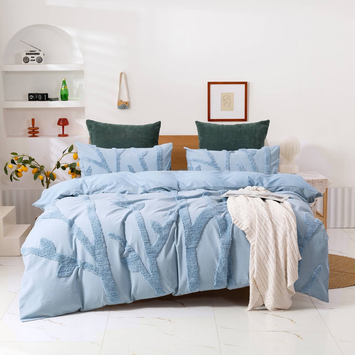 Dreamaker Tufted Washed Vintage Cotton Quilt Cover Set Kye Blue Queen ...