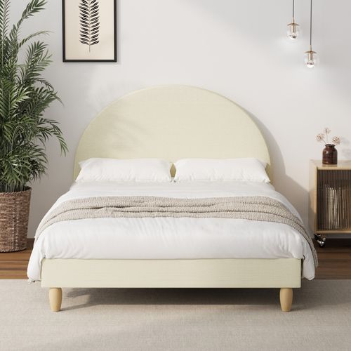 Oikiture Bed Frame Double Size Arched Beds Platform Beige Fabric ...
