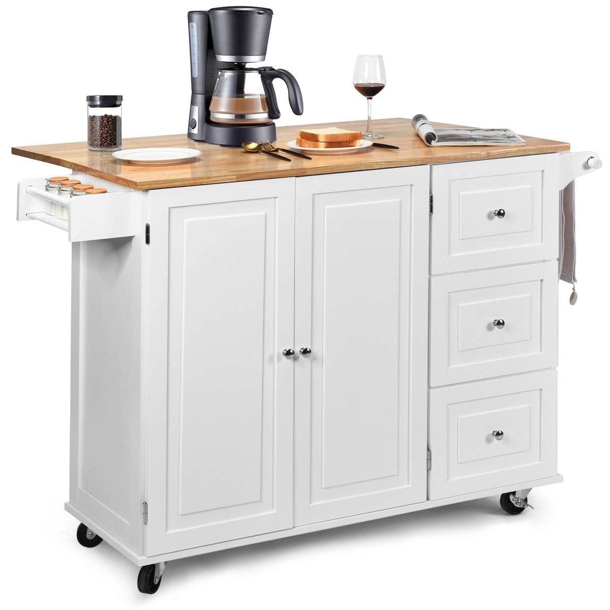 Costway Large Kitchen Island Trolley Extendable Tabletop Rubber Wood w ...