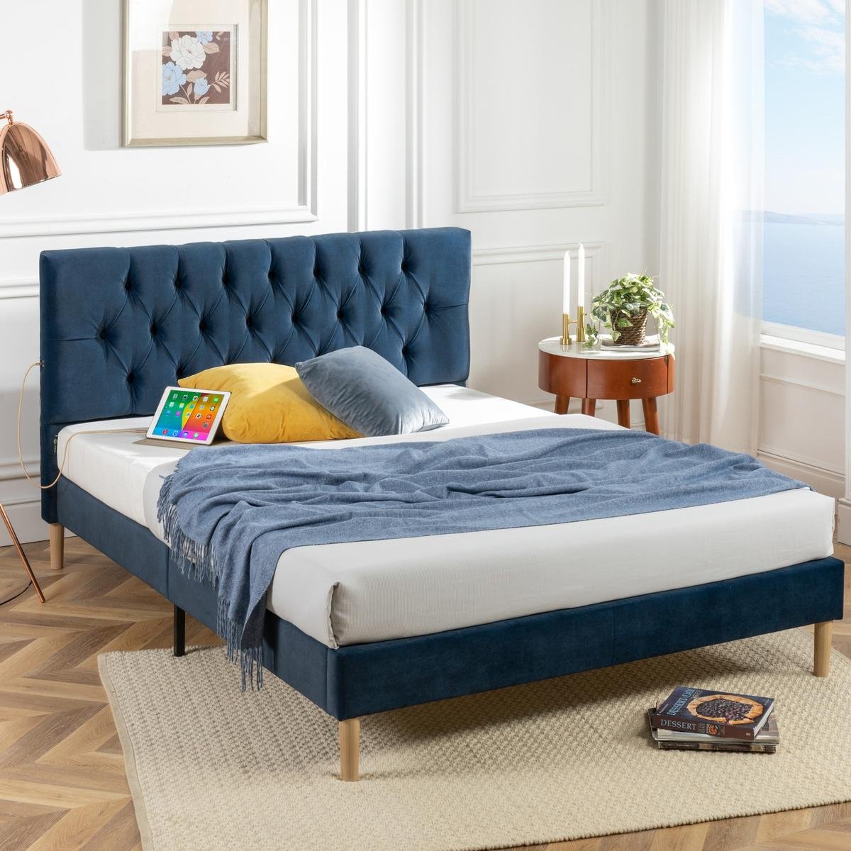 Zinus Queen Misty Bed Frame Velvet Fabric Bed with USB Navy Blue Bunnings Australia