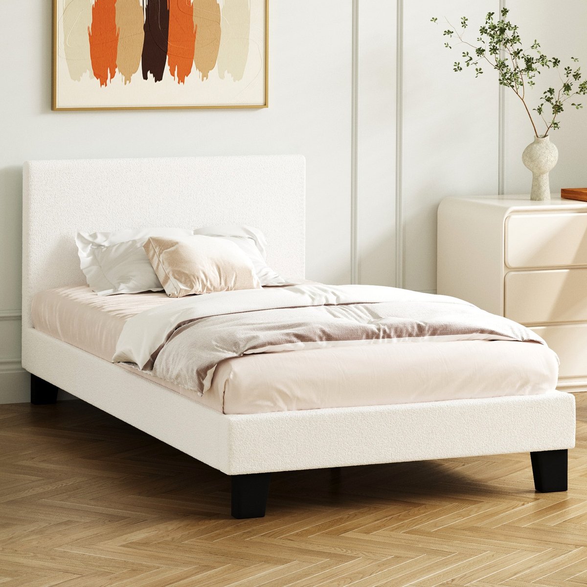 Oikiture White Boucle Bed Frame-King Single - Bunnings Australia