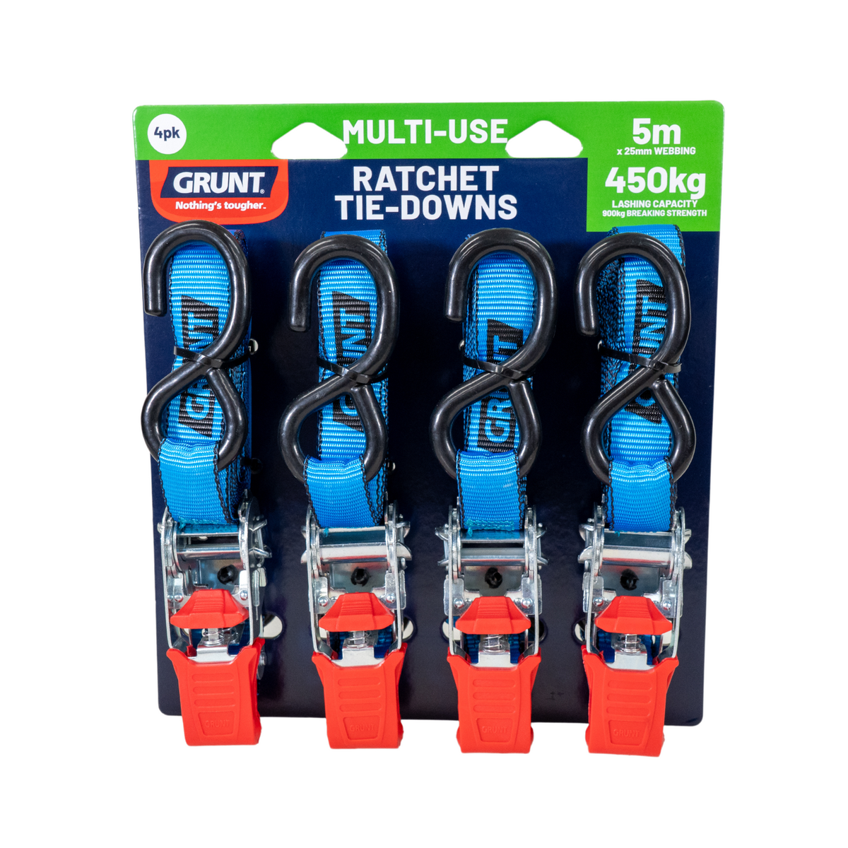GRUNT 25mm x 5m 450Kg Ratchet Tie Down - 4 Pack - Bunnings Australia