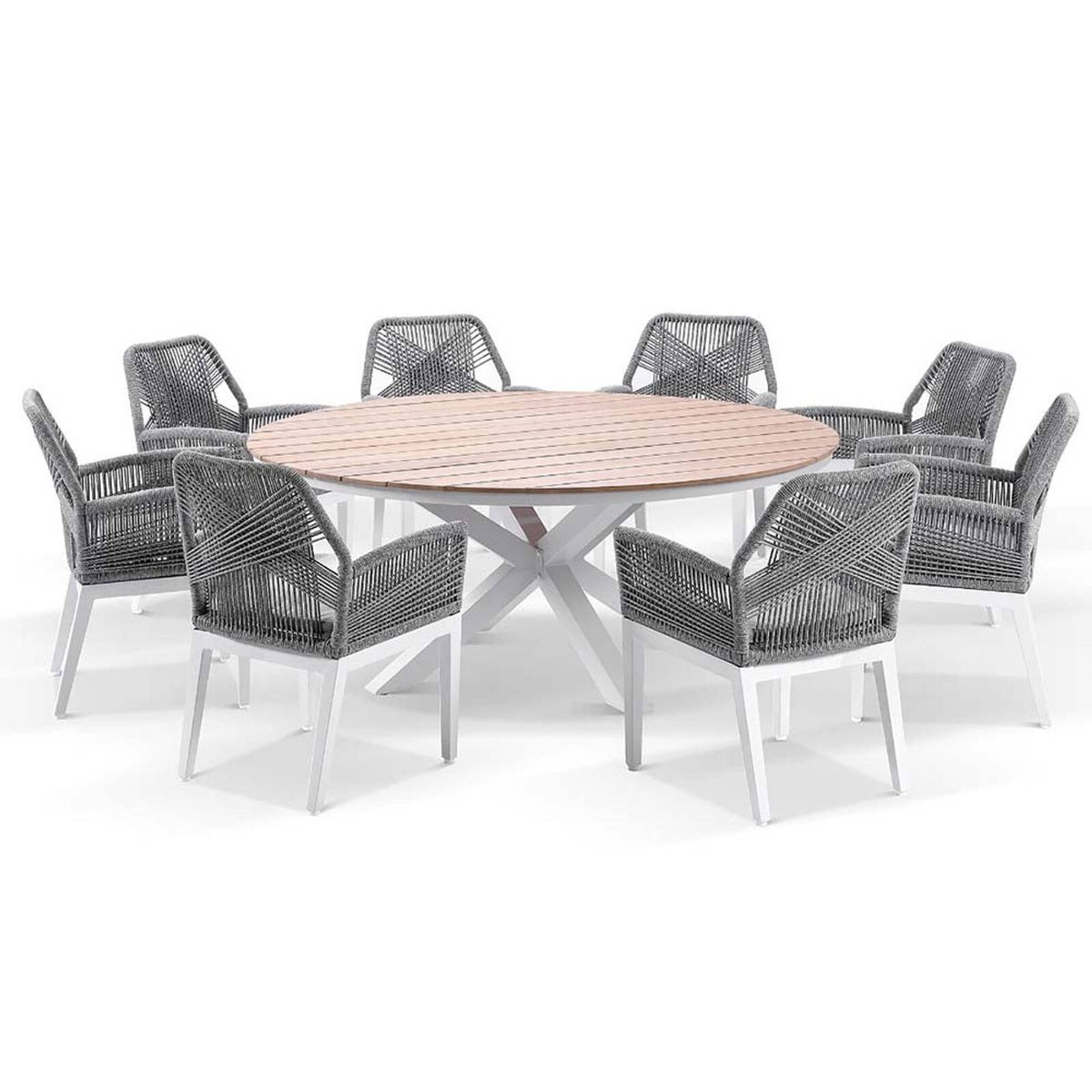 Tuscany Round 1.8m Outdoor Aluminium and Teak Dining Table with 8 Hugo ...