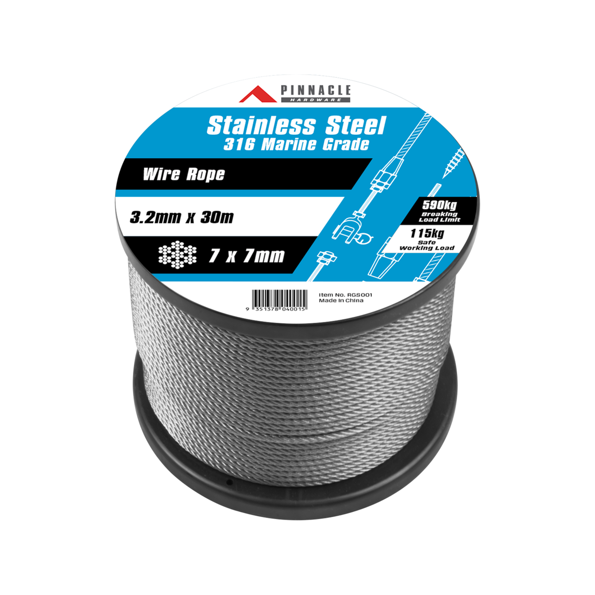 Pinnacle 3.2mm x 30m Marine Grade Stainless Steel Wire Rope - Bunnings ...