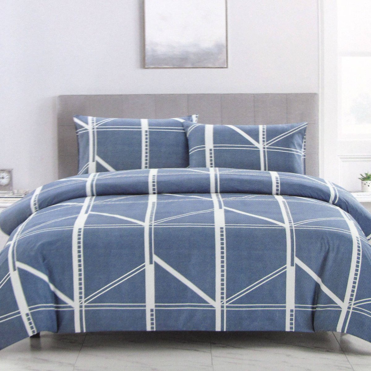 Artex Harold Blue Quilt Cover Set Geometric Pattern Reversible Printed ...