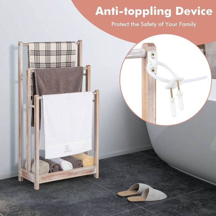 Costway Wooden Towel Rack 3-Tier Towel Holder w/Bottom Storage Shelf ...