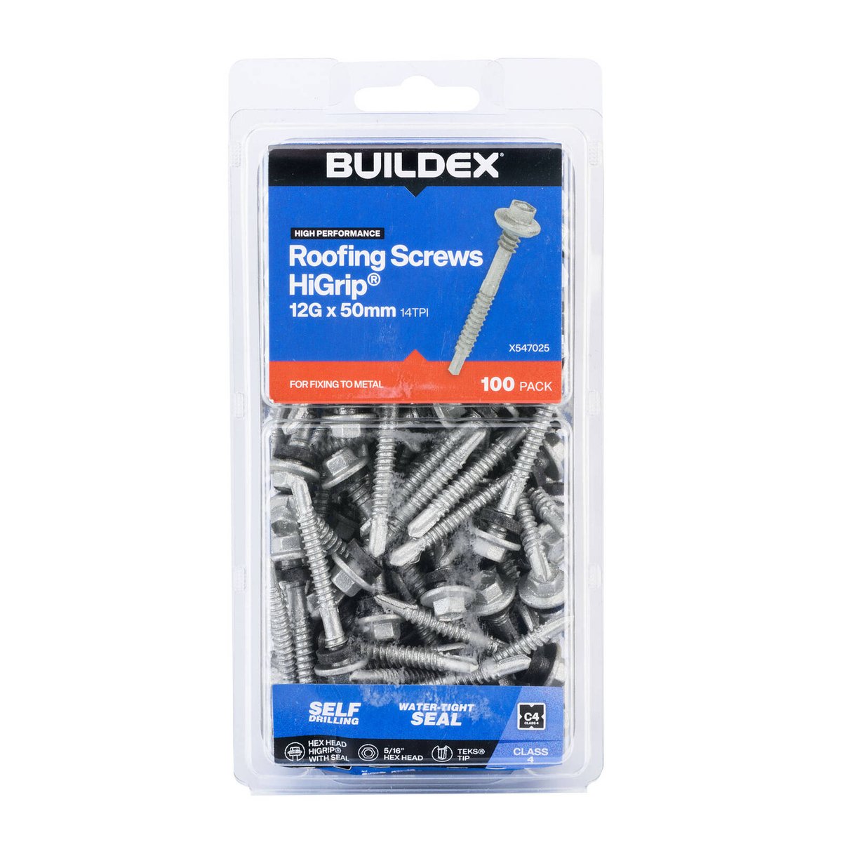 Buildex 12G x 50mm Class 4 Roofing TEKS Screws With Seal - 100 Pack ...