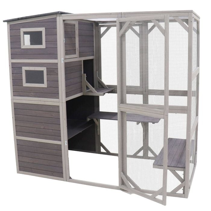 Flylline Walk In Wooden Cat Townhouse Kitten Ferret Enclosure Cage ...