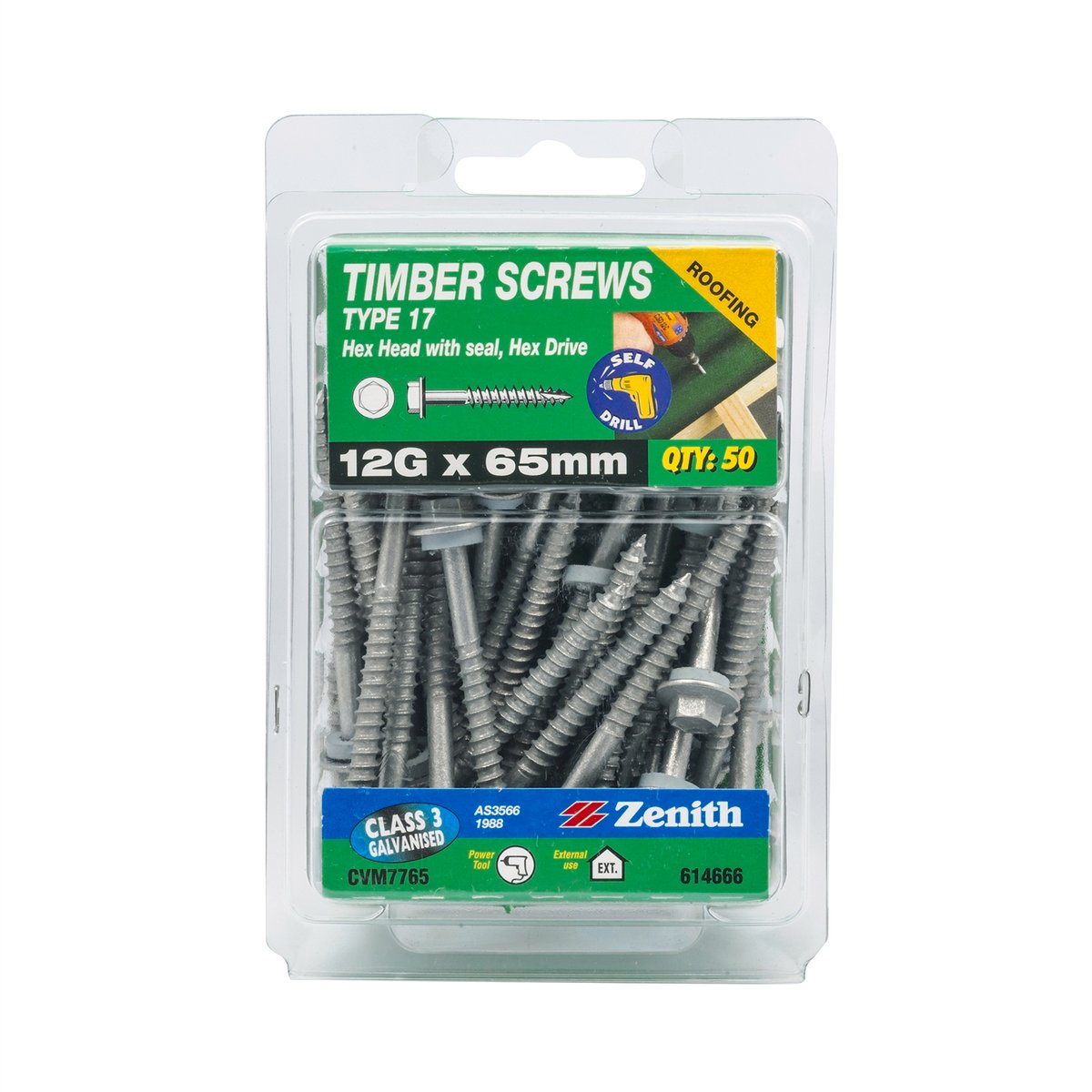 Zenith 12G x 65mm Galv Hex Head Seal Timber Screws - Bunnings New Zealand