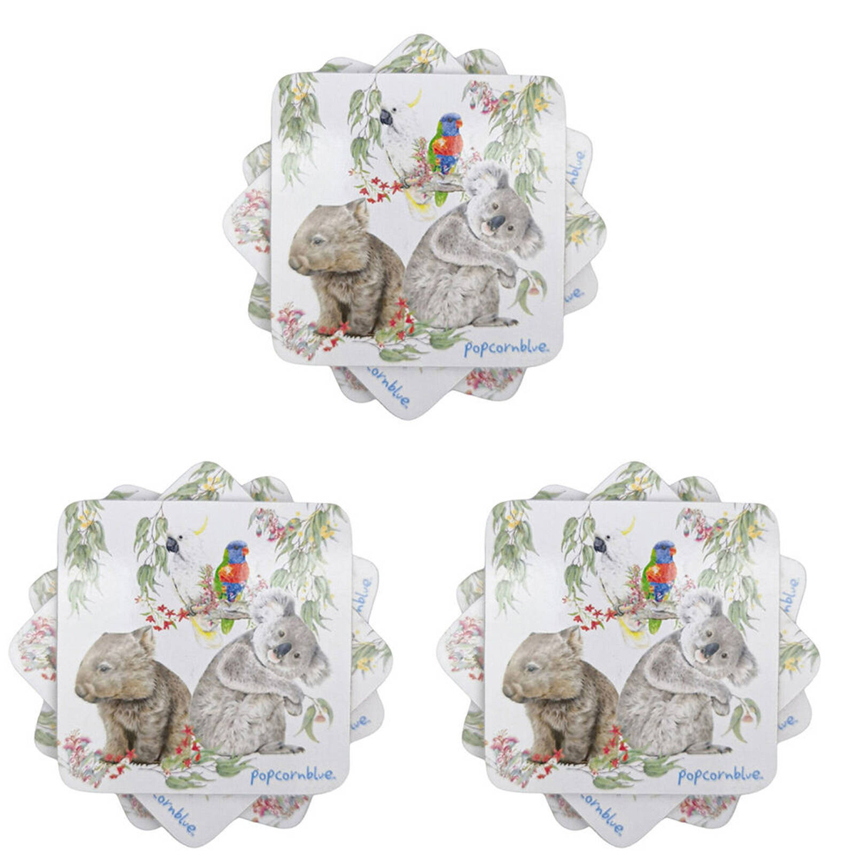 3x 4pc Urban Popcorn Blue Australiana Cork Wooden Coasters Set 10cm ...