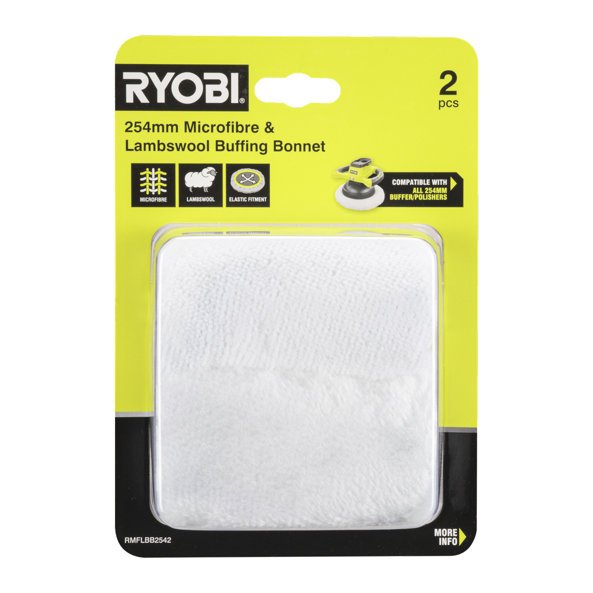 Ryobi 254mm 2 Piece Lambswool and Microfibre Buffing Bonnet Set ...