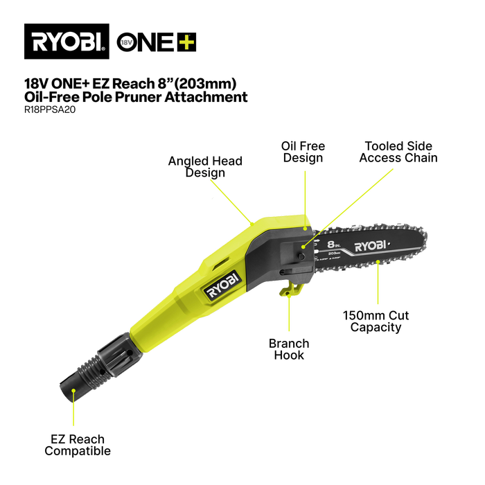 Ryobi 18V ONE+ 8” 203mm Oil-Free Pole Pruner Attachment R18PPSA20 ...