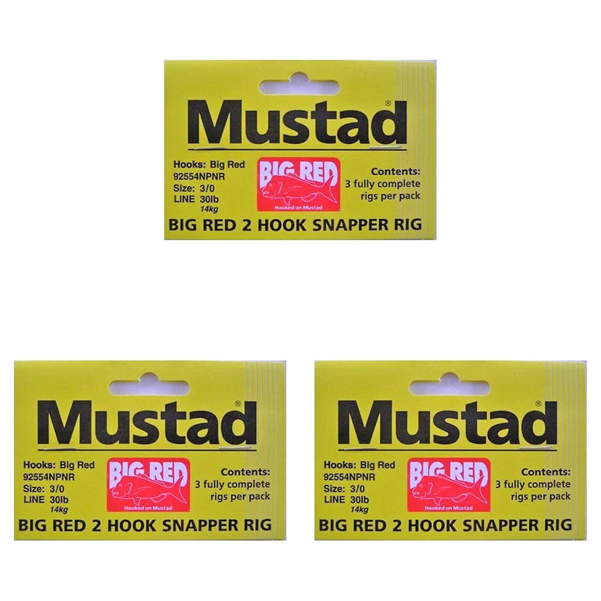 3x Mustad Big Red Snapper Chemically Sharpened X 3 Rig 2 Hook Set Up ...