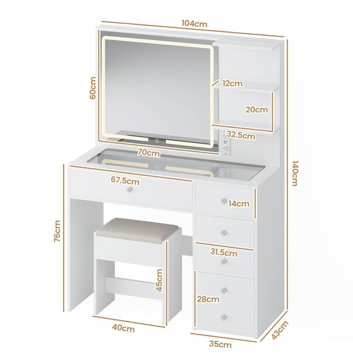 Advwin Dressing Table Stool Set Charging Station Lights Glass Tabletop ...